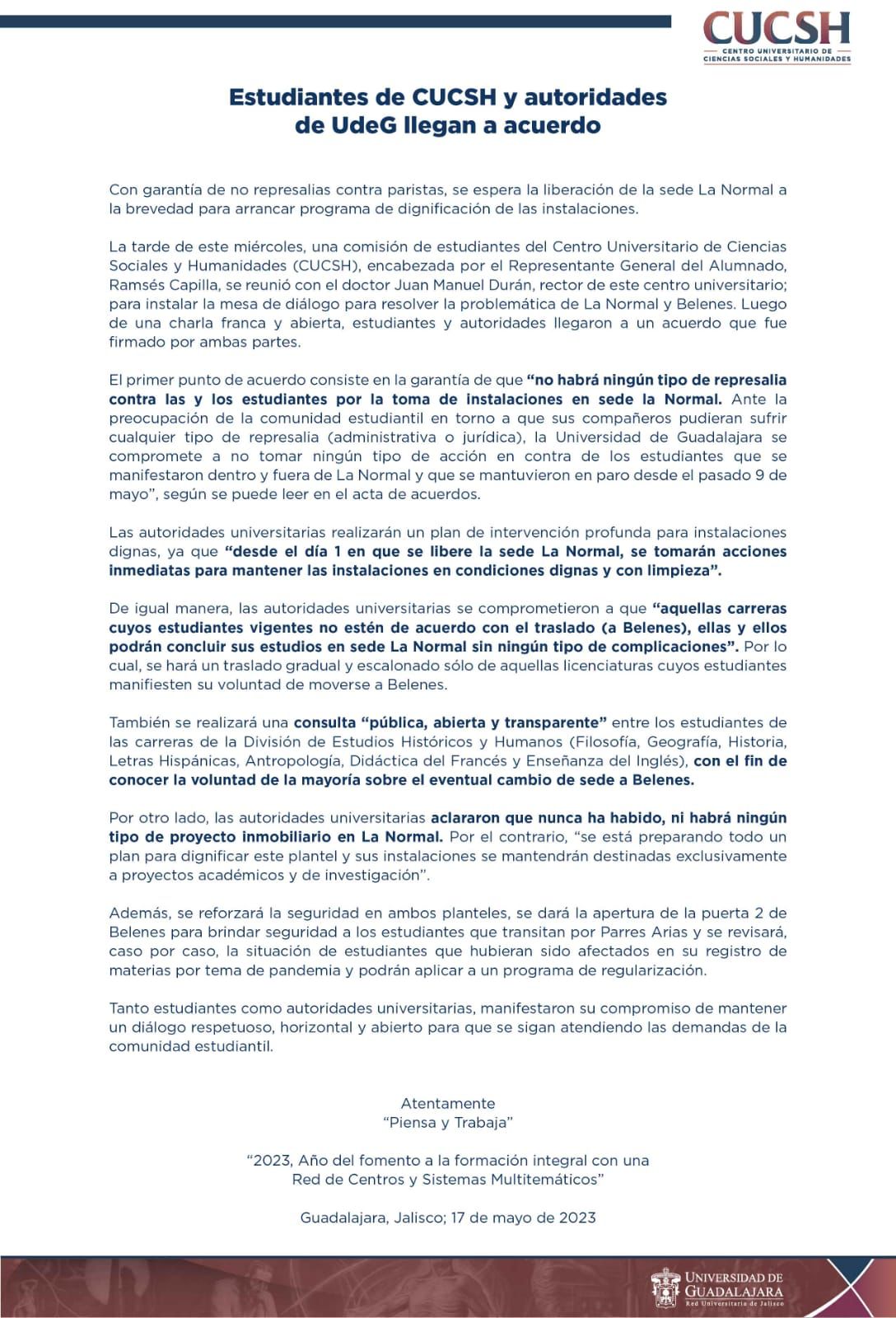 Tras acuerdo, estudiantes del CUCSH y autoridades de UdeG iniciarán diálogo